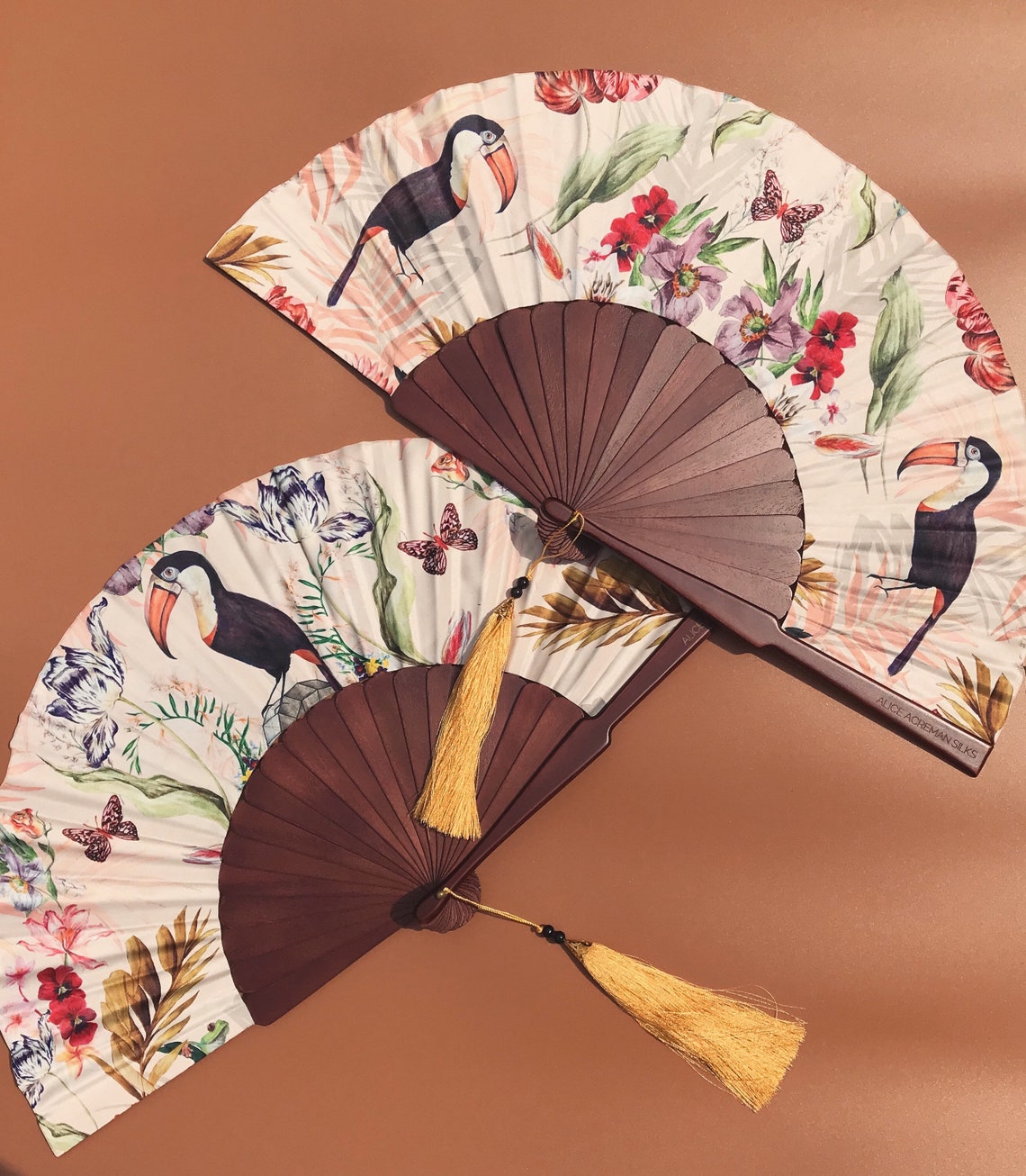 Floral Silk Fan With Toucan Design and Luxurious Gold Tassle | Etsy