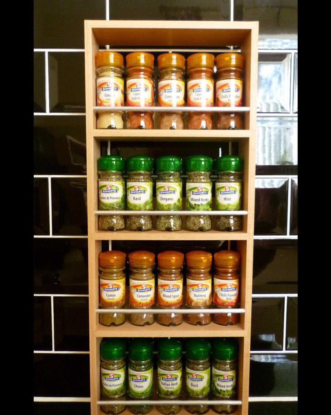 Beech Spice Rack 5 Shelves / Tiers Wall or Door Mounted Kitchen Storage ...