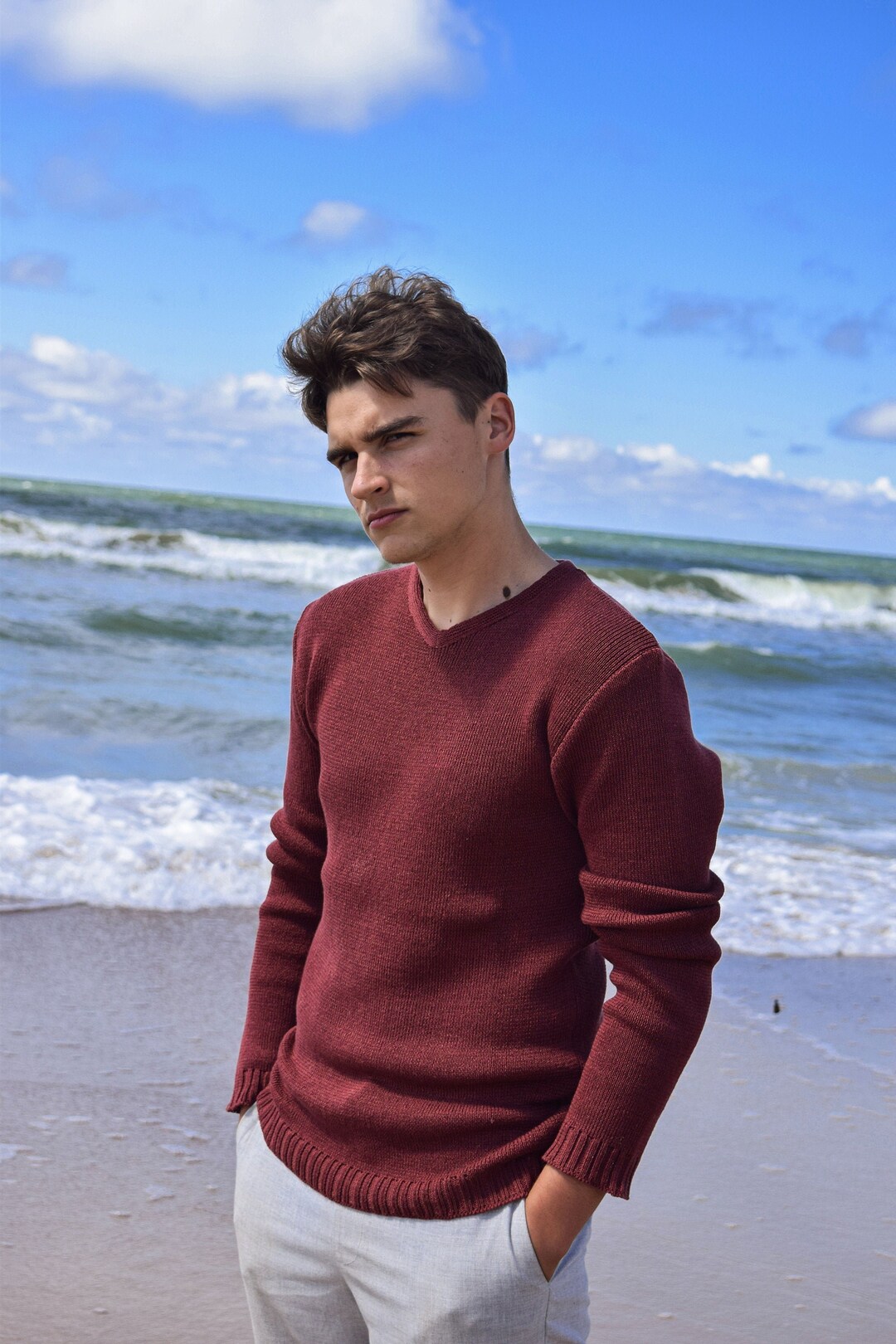 100% Linen Knitted Sweater for Men, Handmade Natural Sweatshirt High ...