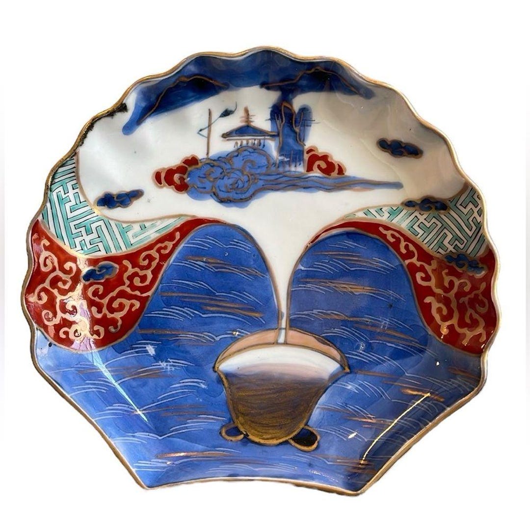 Antique Japanese Imari Hand Painted Scalloped Shell Blue Plate Dish 6. ...