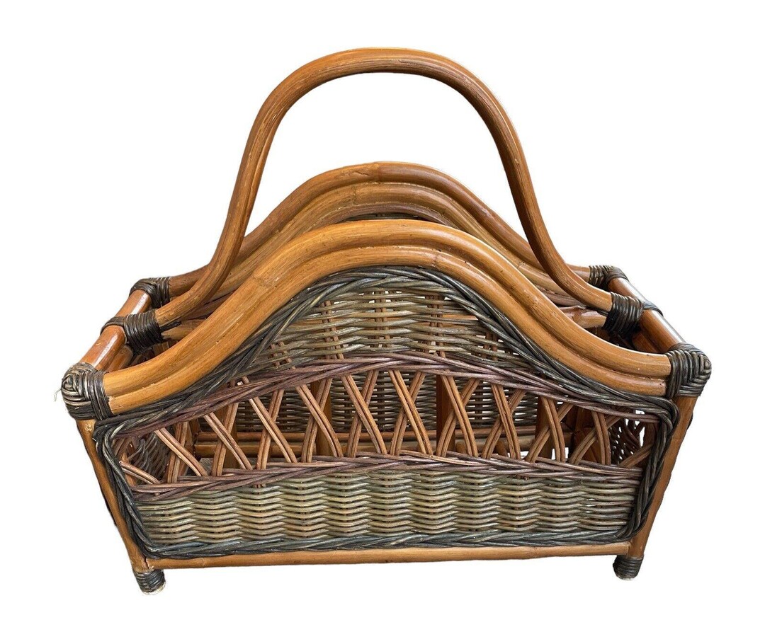 Vintage Bamboo Wicker Magazine Rack Book Storage MCM Boho - Etsy