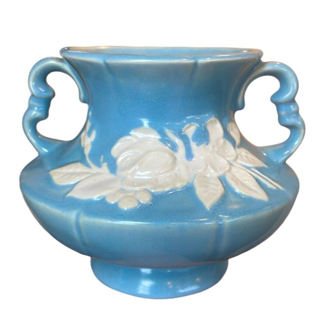 Vintage Weller Pottery Blue Cameo Rose Two Handled Signed Urn Vase 5.5H ...