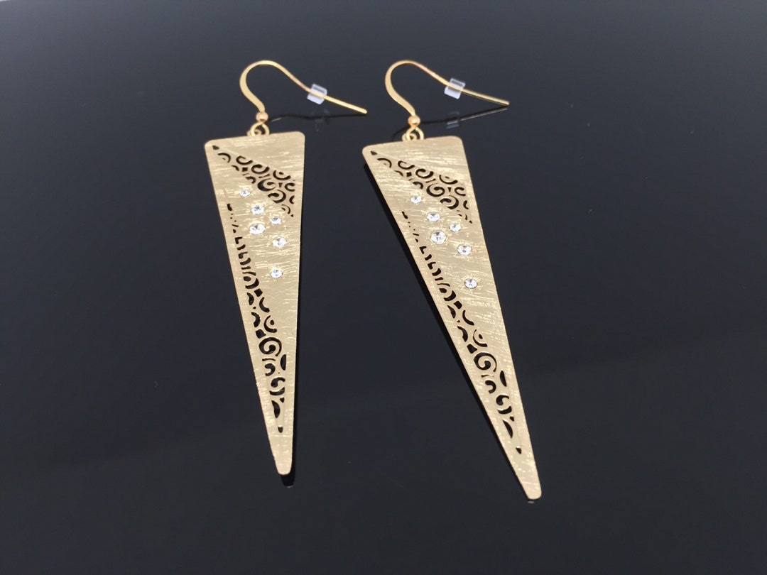 Long Pointed Triangle Earrings With Sparkle // 18k Gold Plated Brass ...
