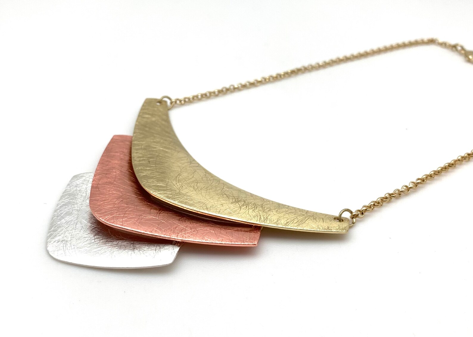 Tri-color Chevron Necklace, Gold Rose Gold Silver Plated Brass, 16 Inch ...