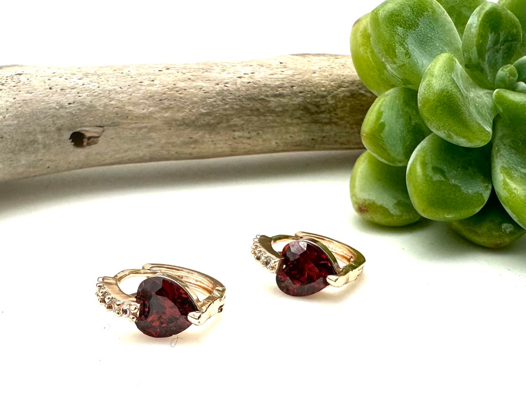 Red Heart Earrings // Gold Red Ruby Heart Hoops // Small Gold Huggies ...