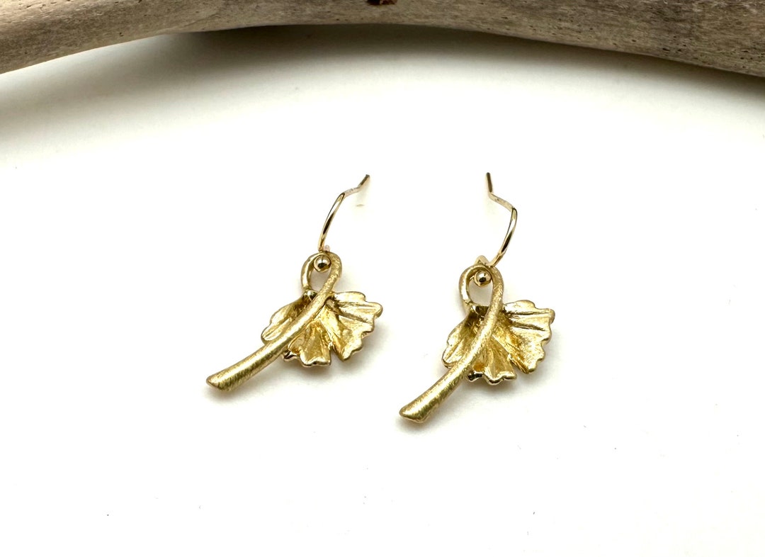 Gold Gingko Leaf Earrings // Brushed Gold Finish // Hypoallergenic // Tarnish Free // Stainless ...