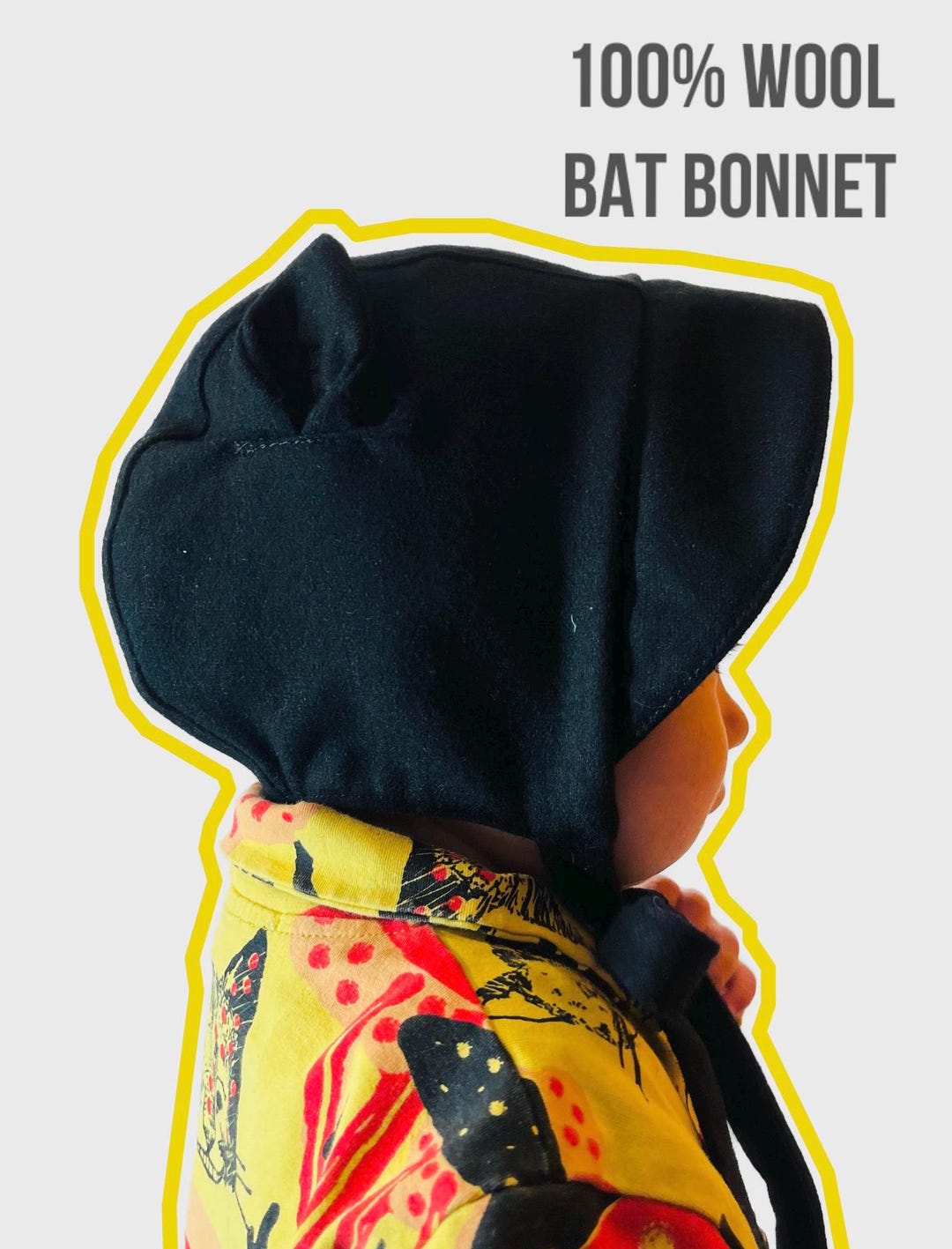 Black Bat Ear Wool Bonnet With Neck Strap Bowtie Closure, Baby Infant ...