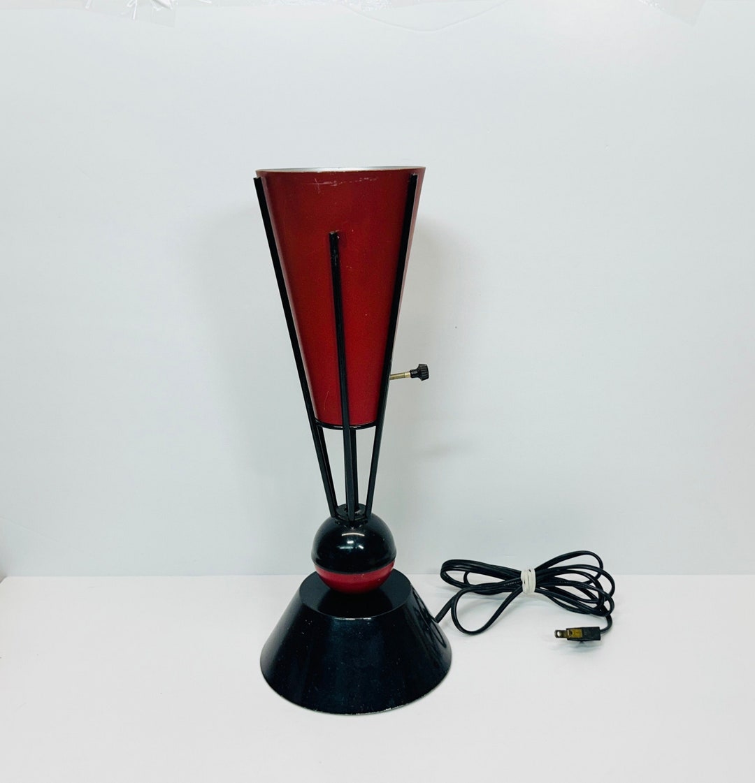 Mid Century Red and Black Metal Cone Table Lamp 1950s Atomic Decor ...