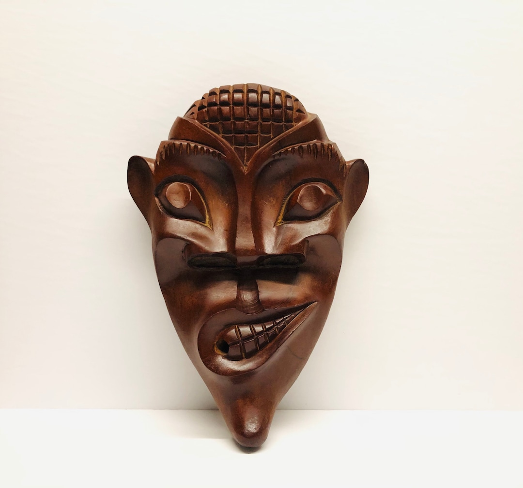 Vintage Carved Wood Satan Devil Wall Hanging Demon Tribal Warrior Mask ...