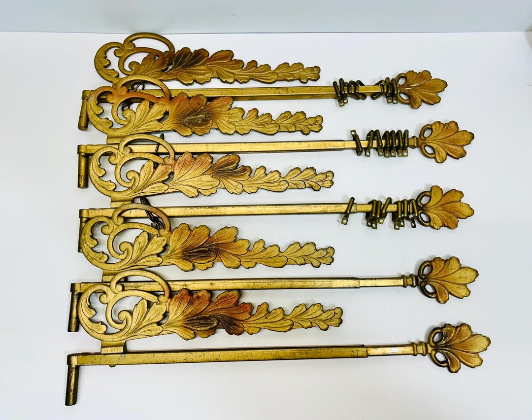 Victorian Swing Arm Curtain Rods Set of 5 Gold Metal Leaves Art Nouveau ...