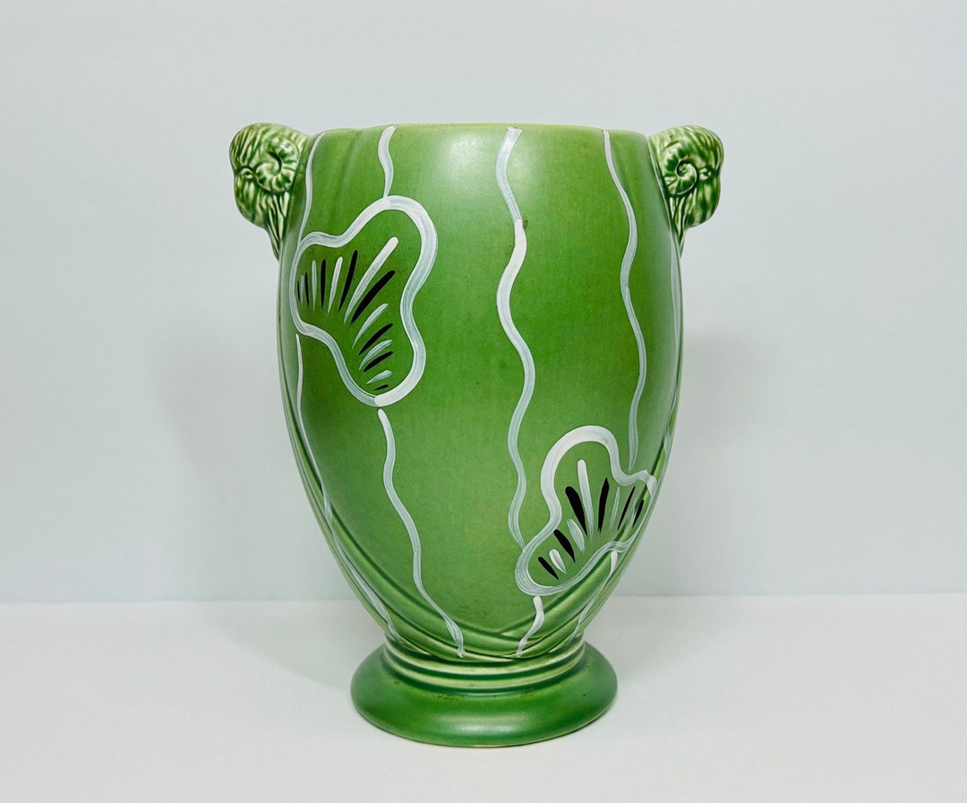 Antique Crown Devon Vase Ram's Head Handle 1920s Art Deco Pottery Vase ...