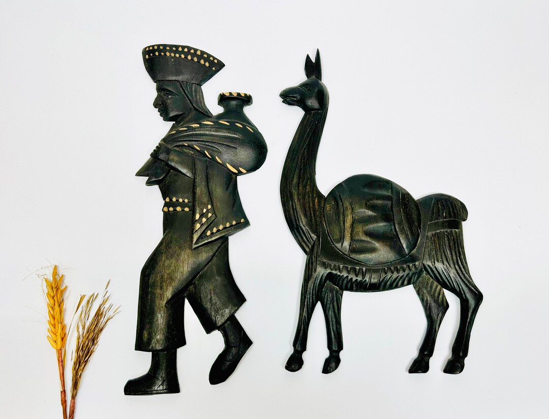 Vintage Wooden Peruvian Llama and Man Wall Hanging Wood Sculpture Peru ...