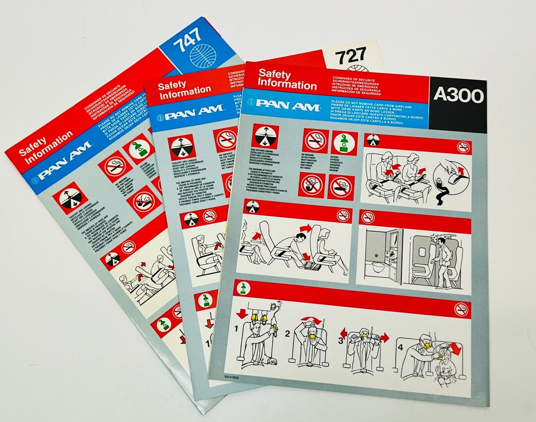 Lot of 3 Vintage 1990 PAN AM Safety Information Cards Airbus 3000 ...