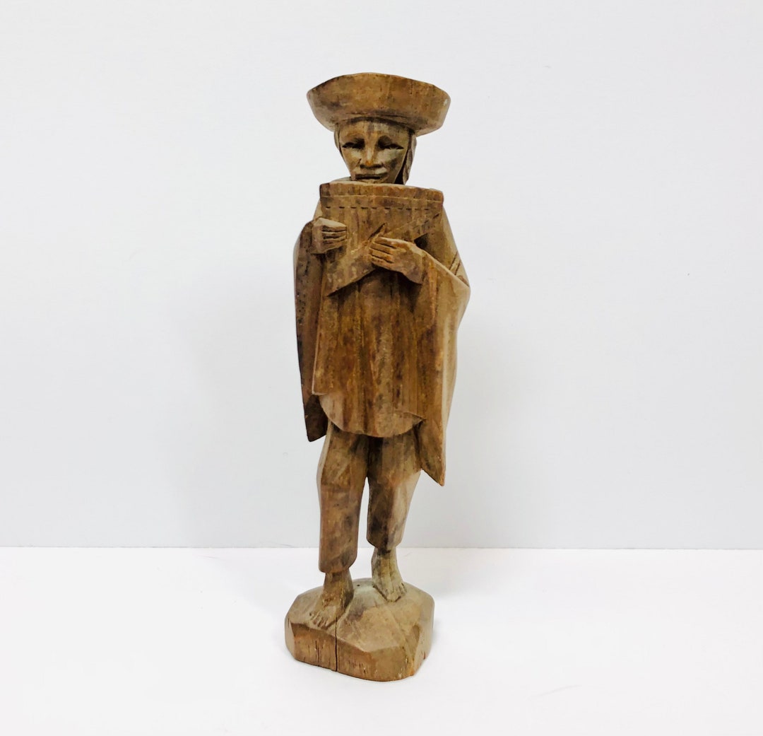 Vintage Carved Wood Man Playing Pan Flute Sculpture Antique? Figurine 6 ...