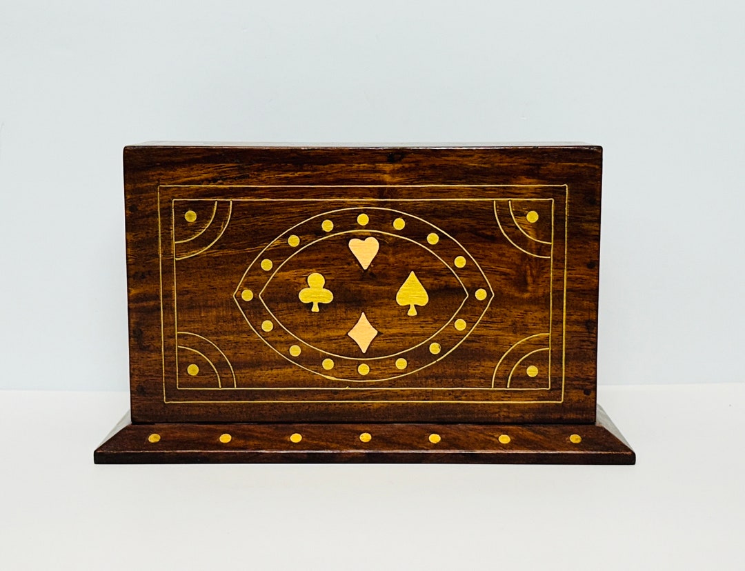 Vintage Carved Wood Playing Card Box Two Decks With Brass Suits Inlay ...