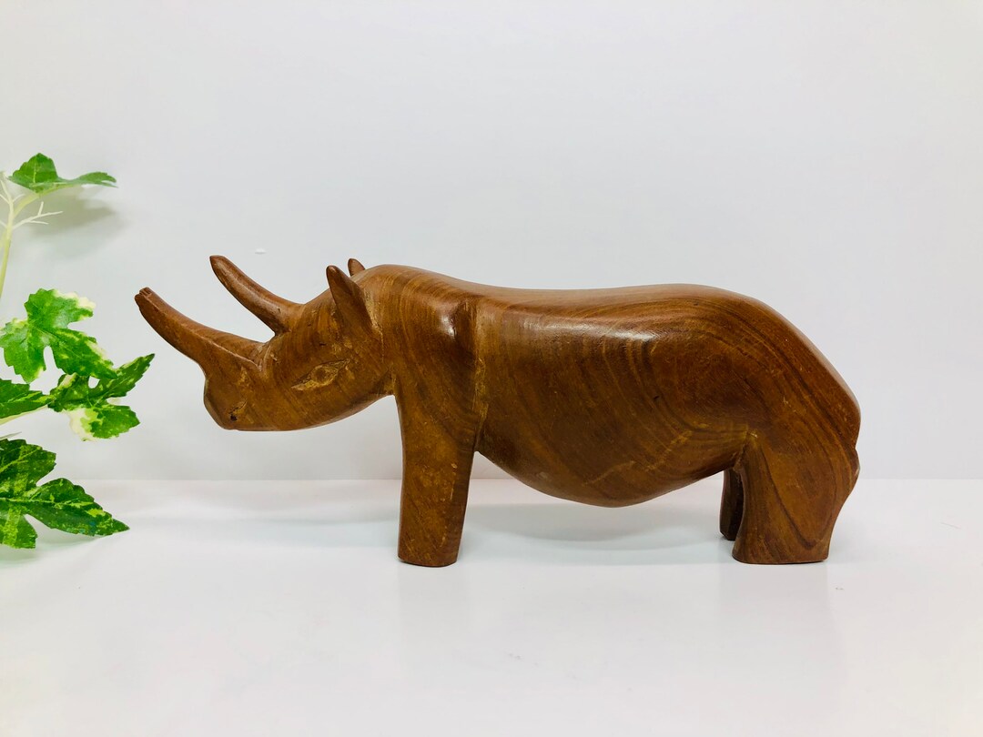 Vintage Solid Wood Rhinoceros Sculpture Wood Carving Rhino Boho ...