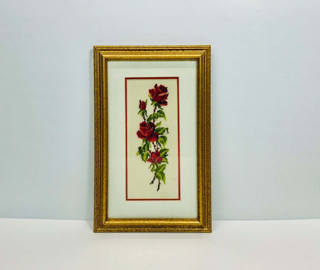Vintage Framed Petit Point Red Roses Needlepoint Embroidery Under Glass ...