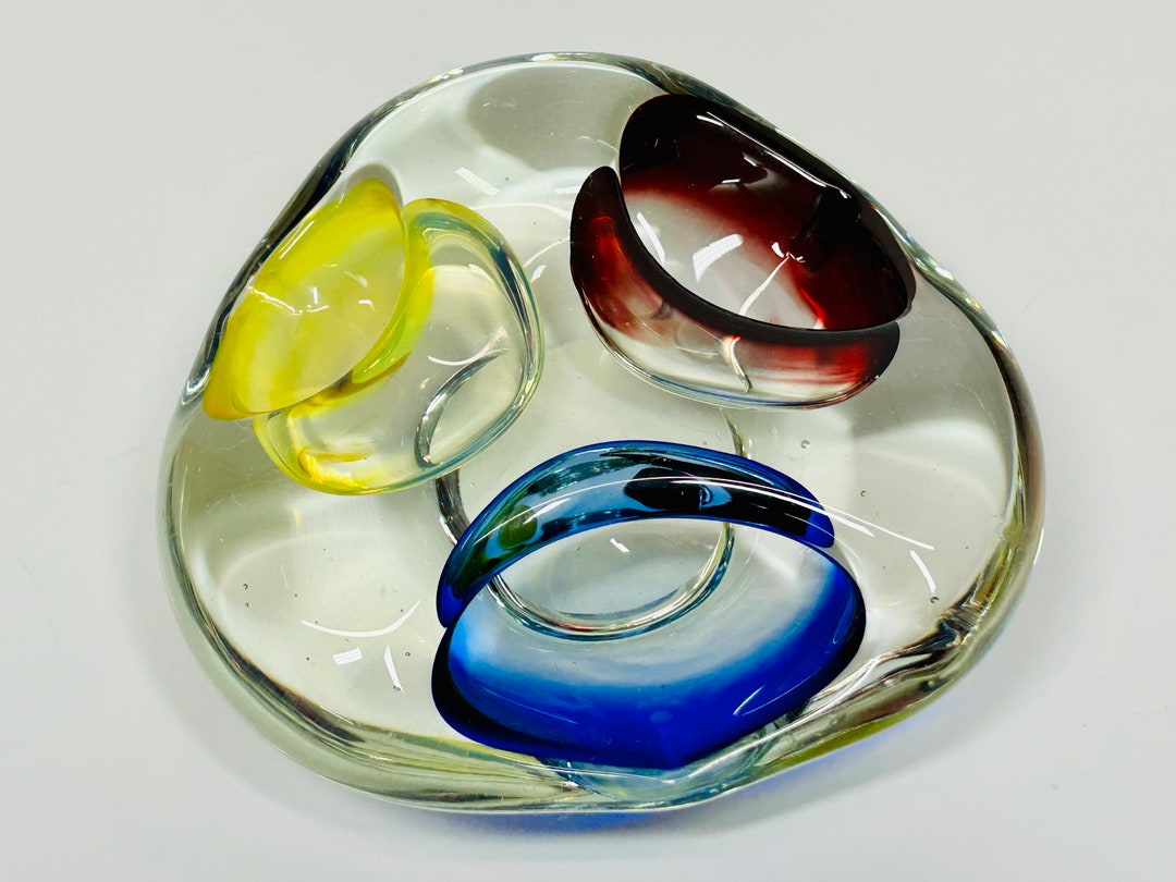 Vintage Murano Glass Tricolor Art Glass Ashtray Blue Yellow Red - Etsy