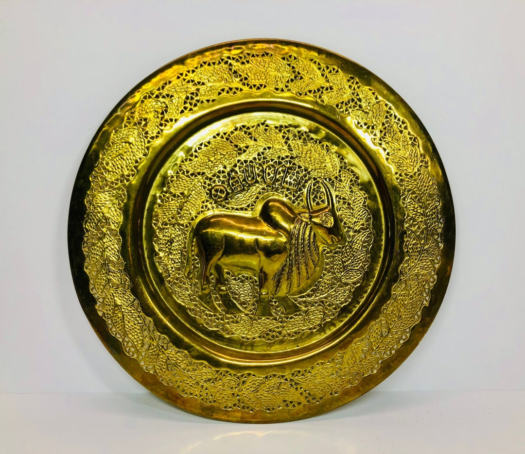 Vintage Pierced Filigree Brass Wall Plate Bull Design Embossed Brass 13 ...