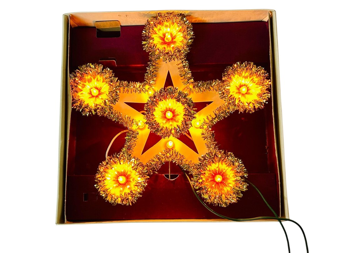Vintage Noma Lighted Star Christmas Tree Topper 11 Lights Gold Tinsel ...