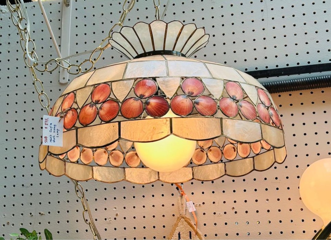 Vintage Capiz Shell Swag Lamp With Pink Shell Pendant Light Windowpane ...