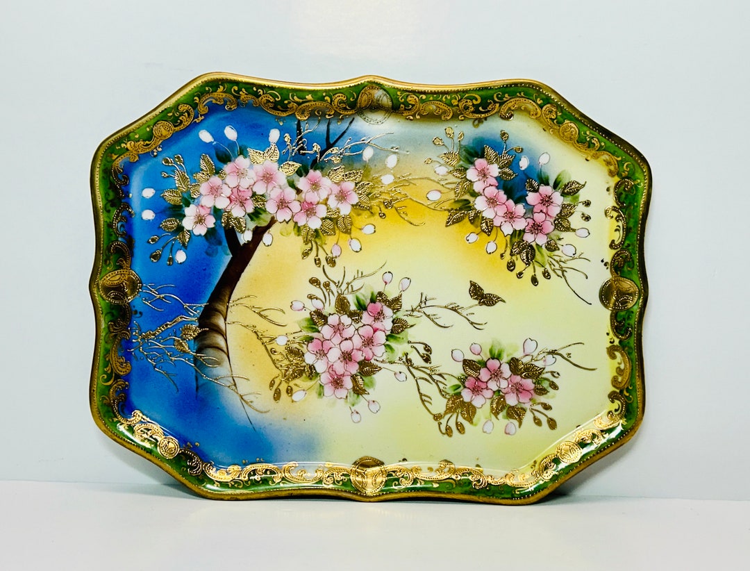 Antique Signed Tashiro Japanese Porcelain Tray Sakura Cherry Blossoms ...