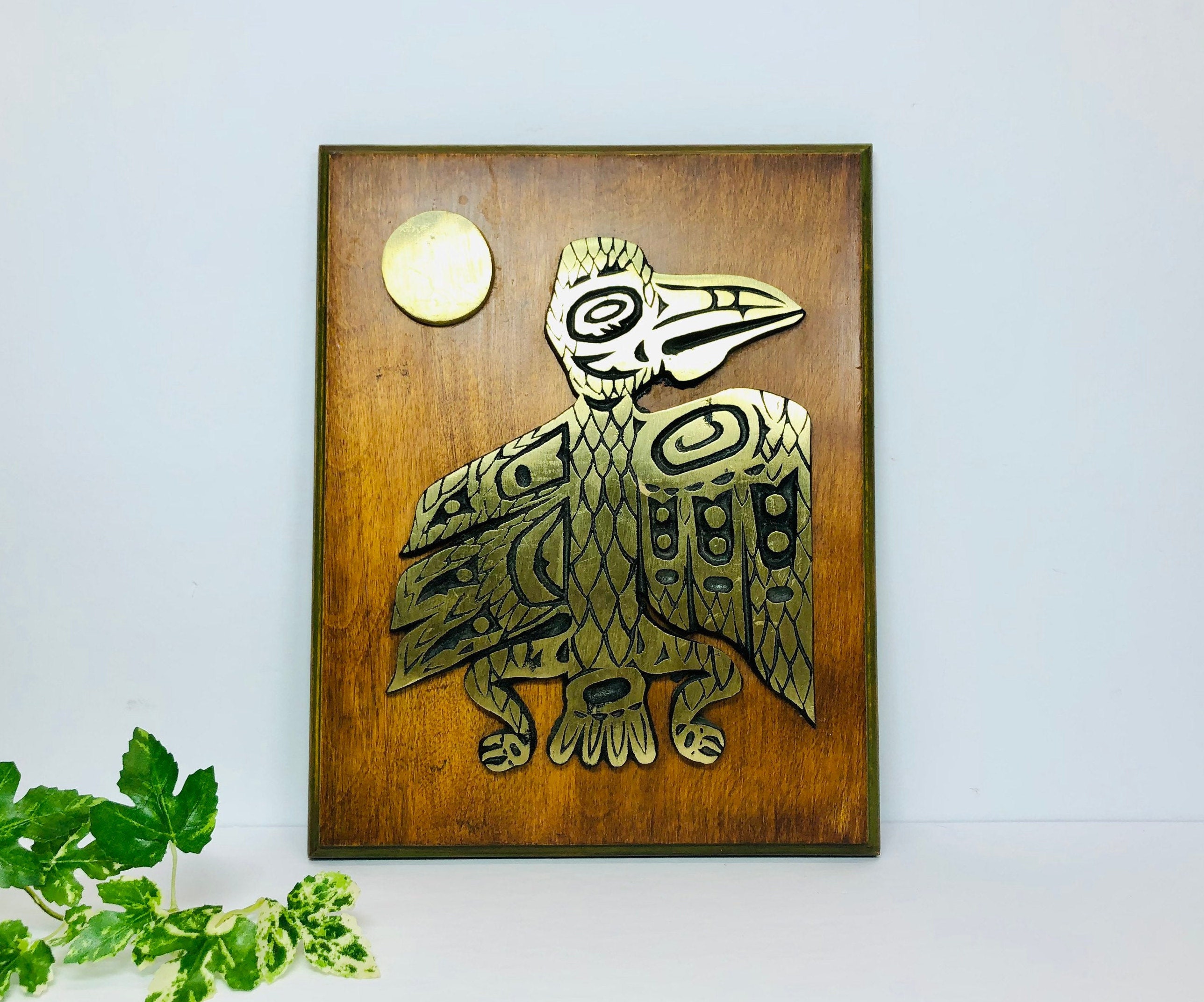 Vintage Etched Brass Thunderbird and Moon on Wood Wall Hanging - Etsy.de