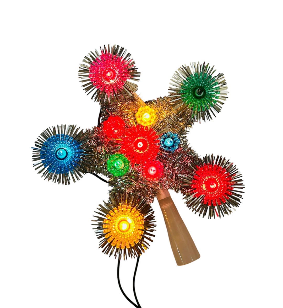 Vintage Lighted Star Christmas Tree Topper 11 Lights Small Tinsel Star ...