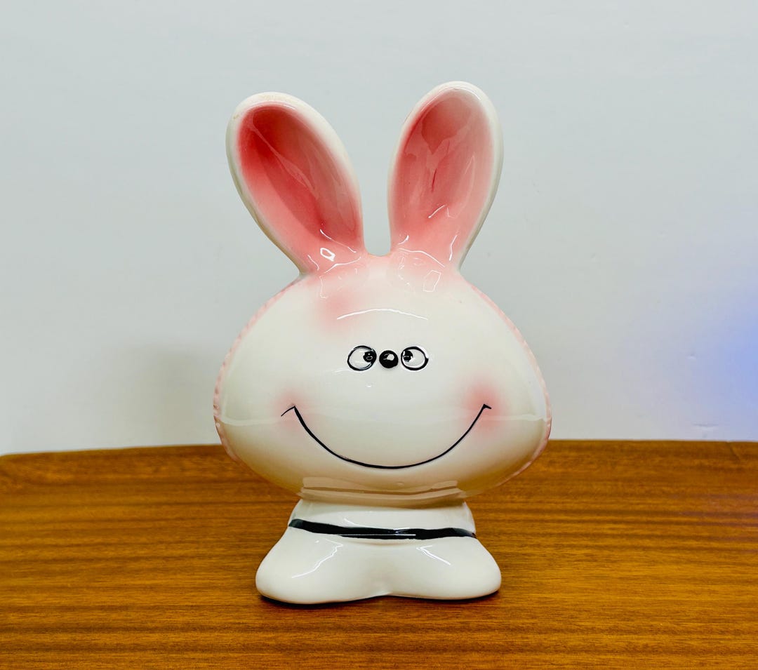 Vintage Ceramic Bunny Piggy Bank by Berco Pink Cross-eyed Rabbit ...