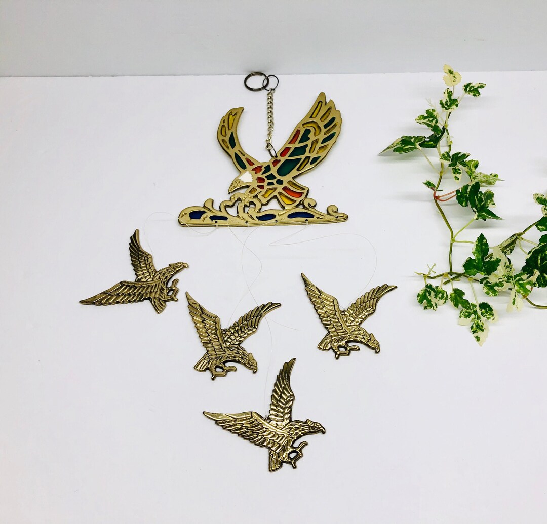 RARE Vintage Brass Eagles Wind Chime Stained Glass-style Boho Bohemian ...