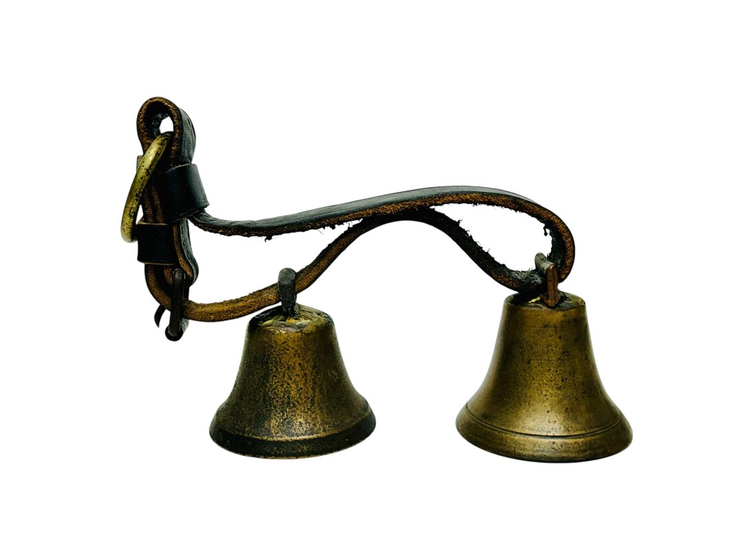 Pair of Antique Cast Brass Sleigh Bells on Leather Strap Sheep Goat ...
