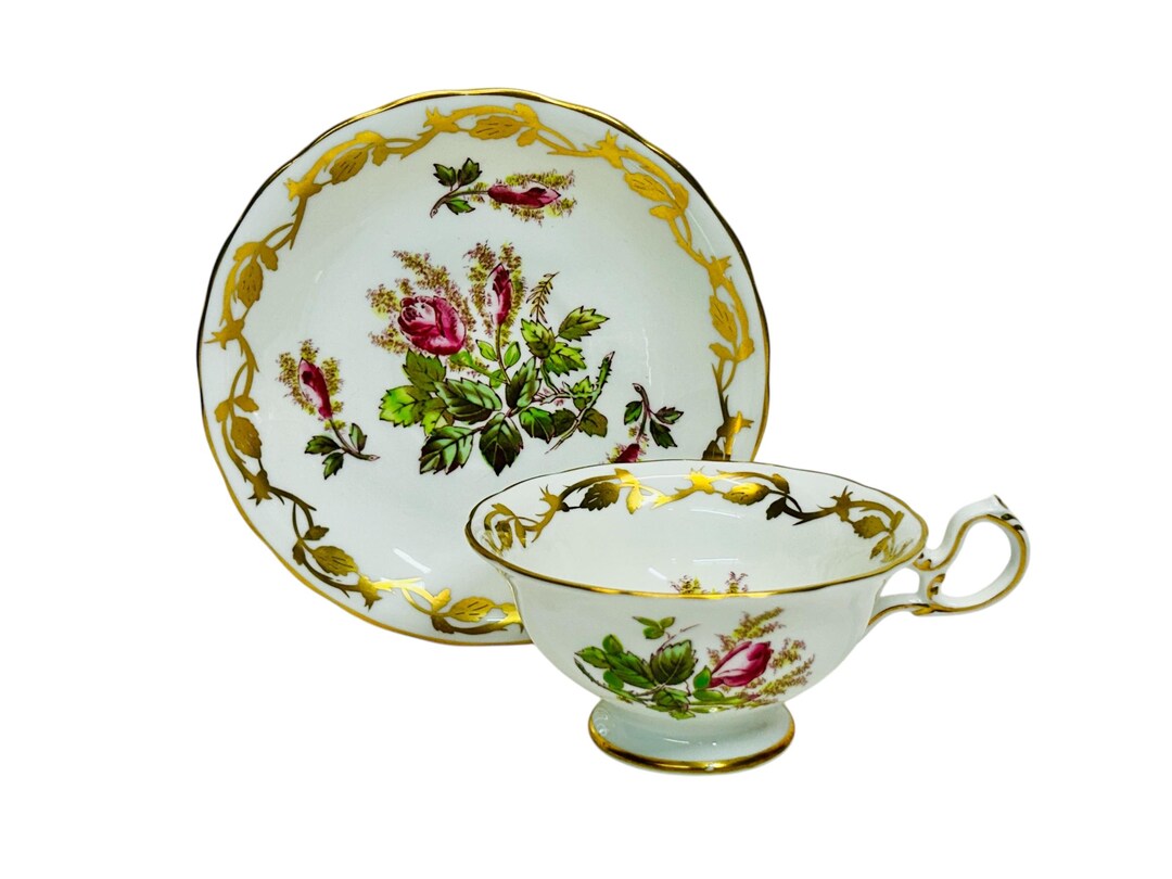 Royal Chelsea Moss Rose Teacup and Saucer: Hand Painted Gold Trim - Etsy