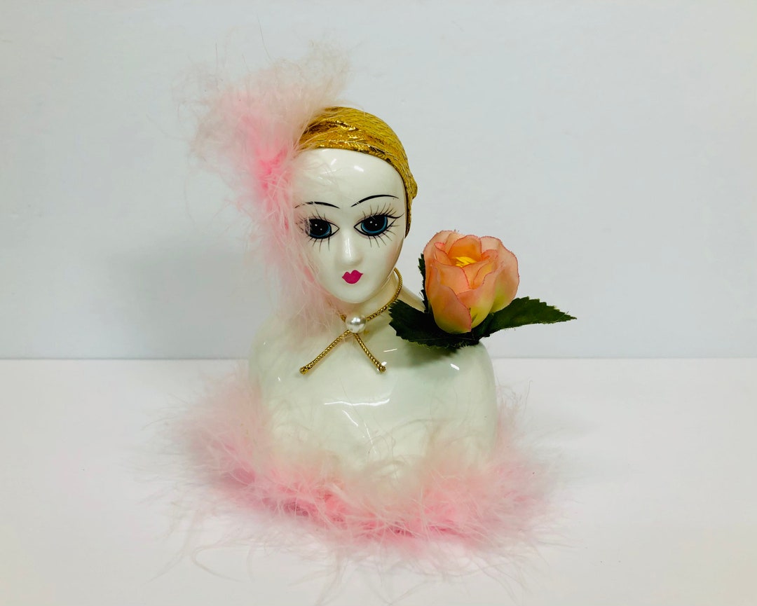 Vintage Ceramic Flapper Deco Girl With Real Feathers Figurine Vanity ...