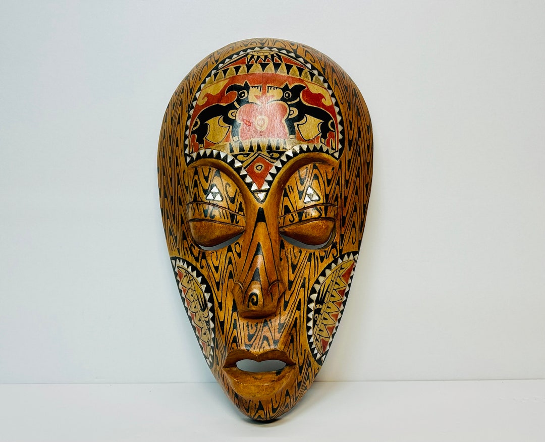 Vintage Wood Tribal Mask Shell Inlay Hand Painted Folk Art Wall Hanging ...