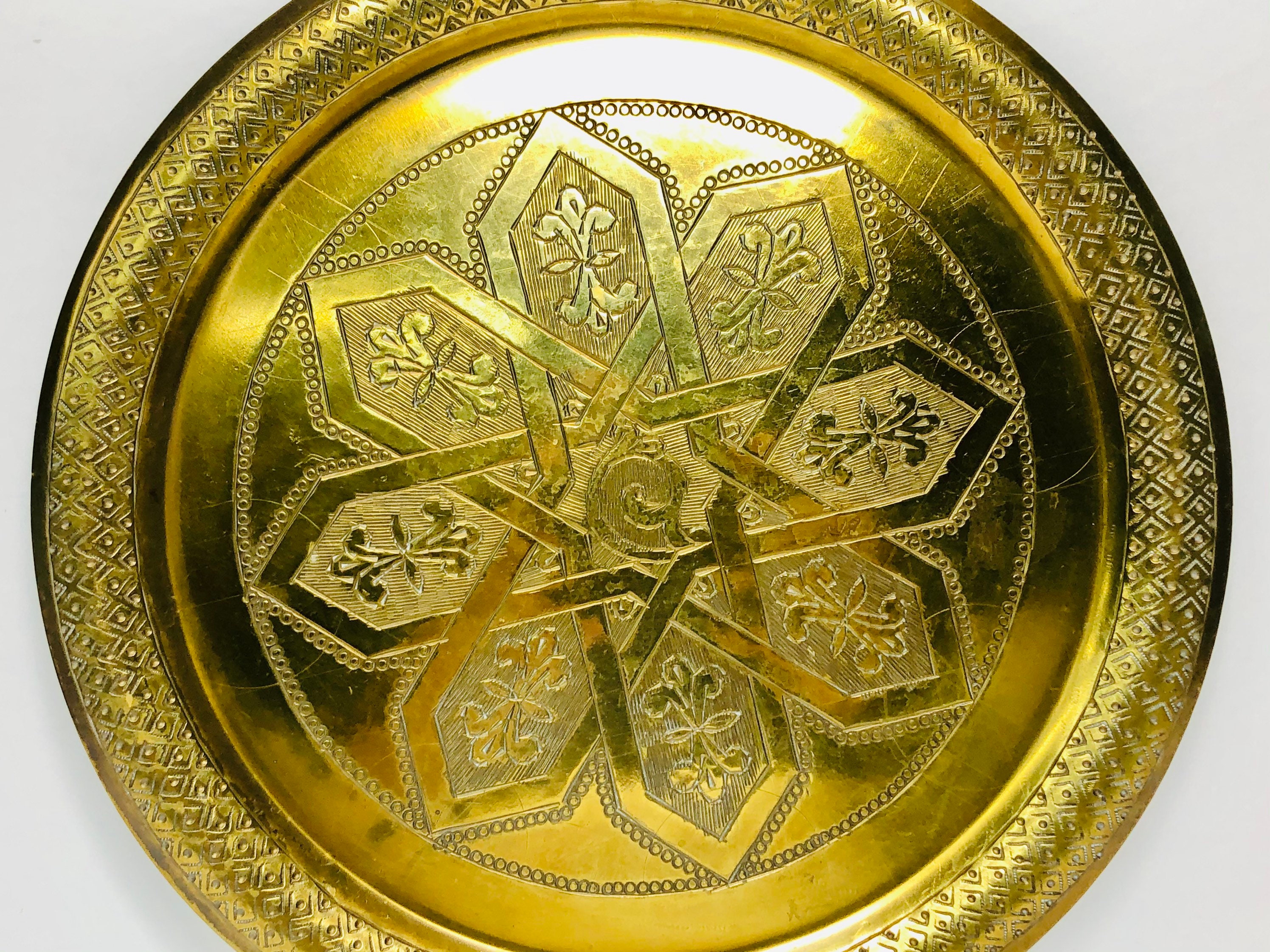 Vintage Etched Brass Plate Wall Hanging Geometric Cross Design Boho ...