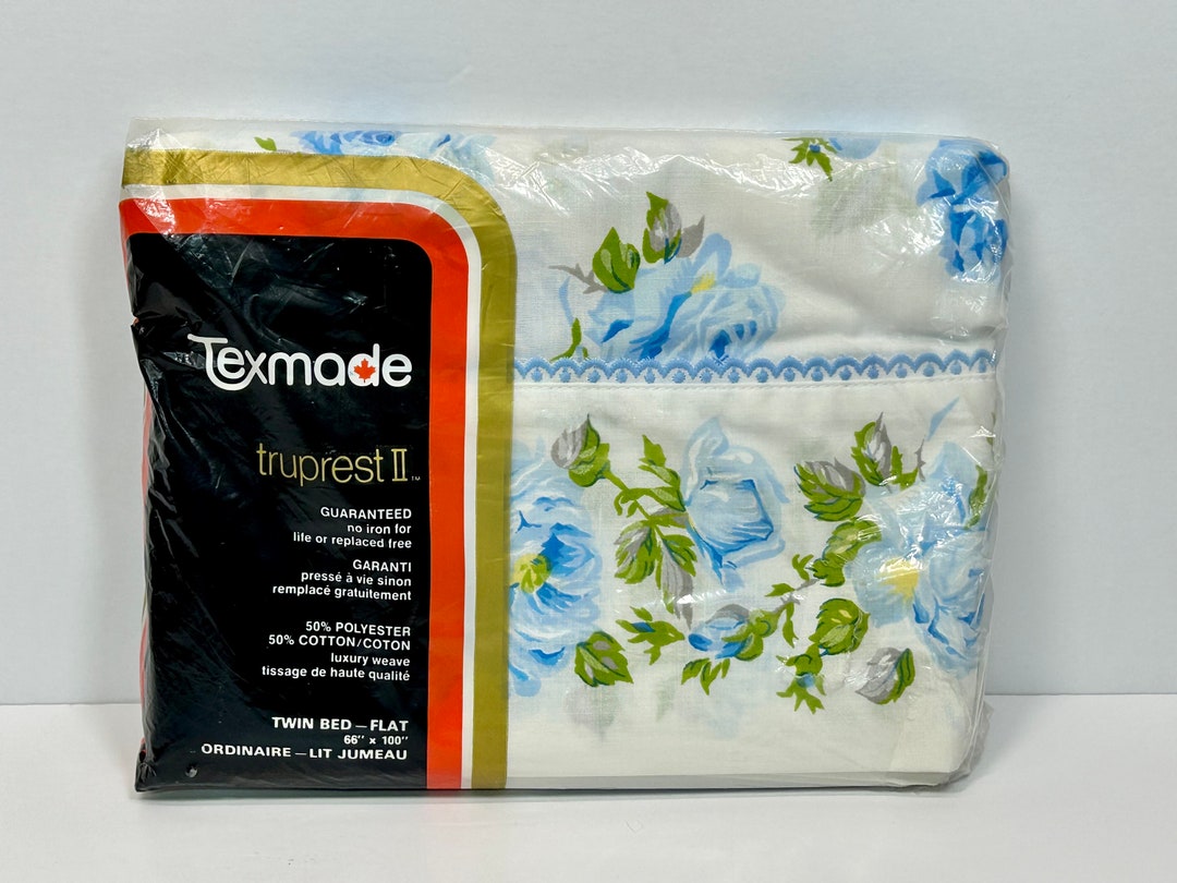 Vintage Blue Cabbage Roses Twin Bed Flat Sheet Texmade Truprest No Iron ...