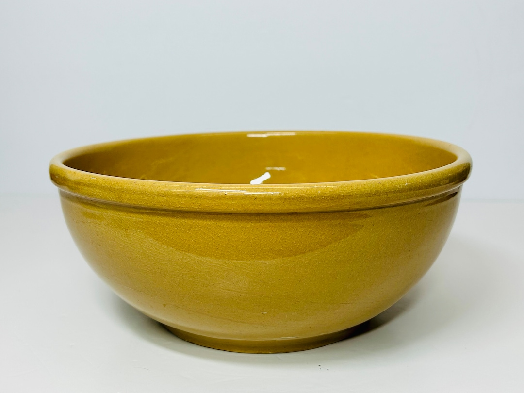 Antique Yellow Ware Pottery Mixing Bowl 9 3/4" Medalta? Yelloware Rolled Rim Country Decor ...