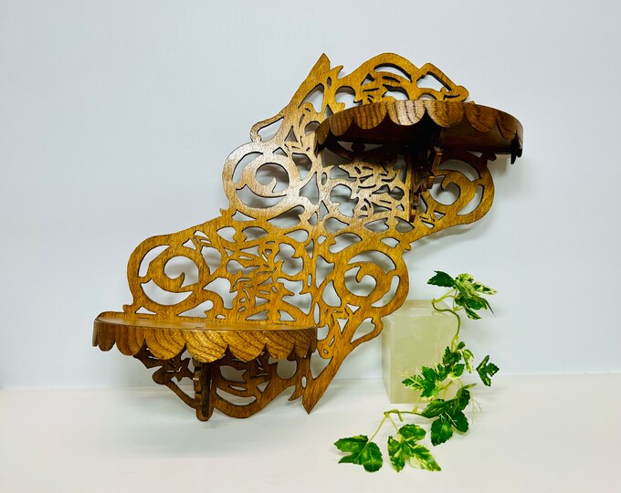 Vintage Oak Fretwork Double Shelf Wooden Wall Shelf Victorian Style ...