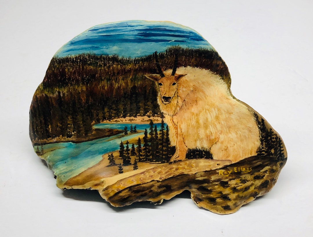 Vintage Signed Painting Mountain Goat Tree Conk Art Mushroom Folk Art ...