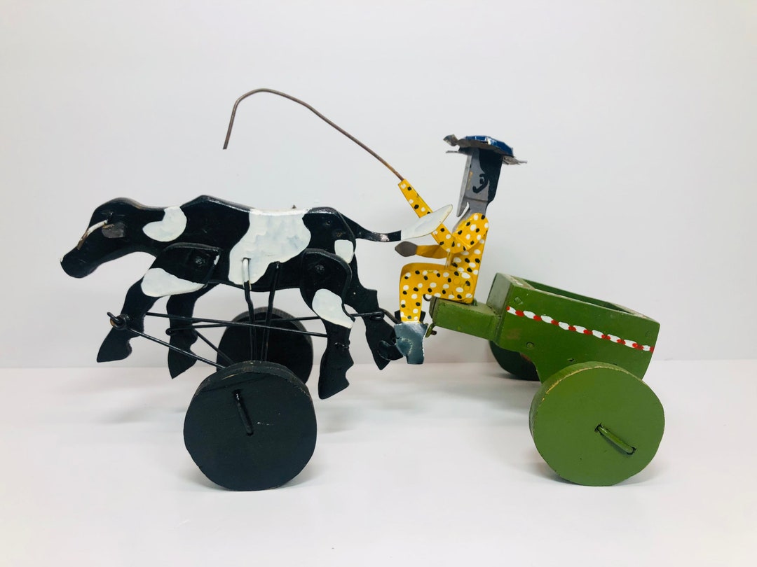 Vintage Folk Art Wooden Farmer and Cow Wagon Pull Toy Farmhouse Decor ...