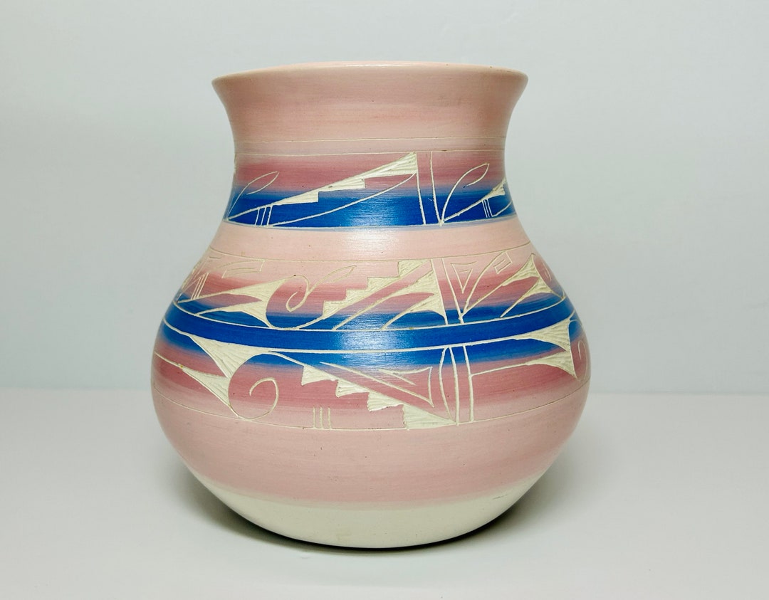 Vintage Southwestern Pottery Vase Signed Benally Pink and Blue Vase ...