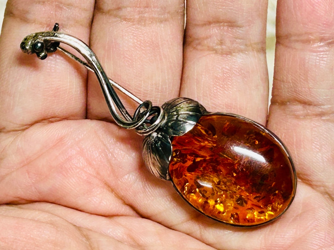 Vintage Amber Brooch Pin Leaves Fruit Amber Sterling Silver Cognac ...