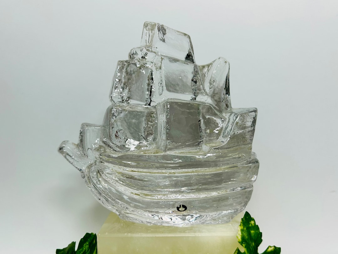 Vintage Pukeberg Ship Paperweight Swedish Scandinavian Ice Glass Uno ...