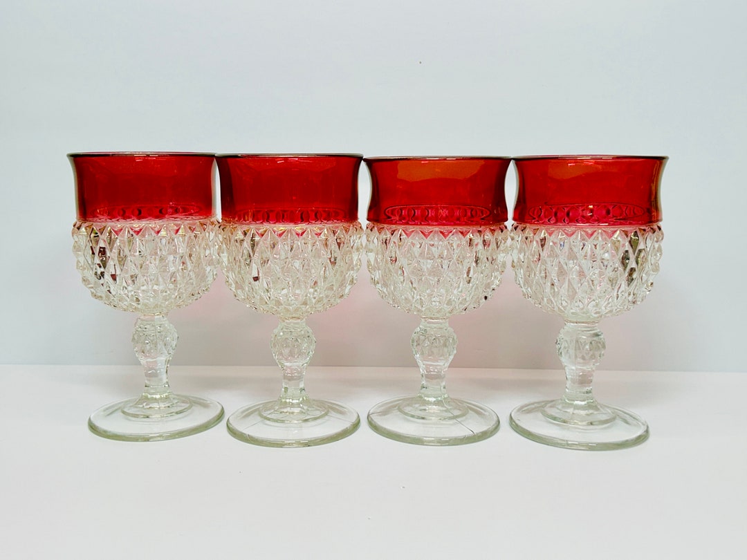 Vintage Indiana Glass Diamond Point Ruby Flash Water Goblets Set of 4 ...