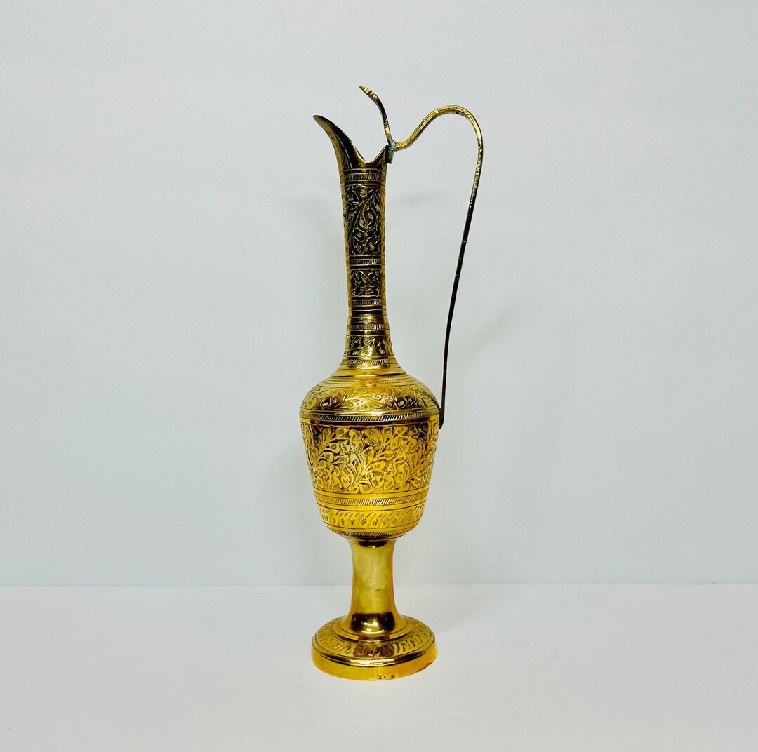 Vintage Etched Brass Pitcher Ewer Made in India Boho Bohemian Decor - Etsy