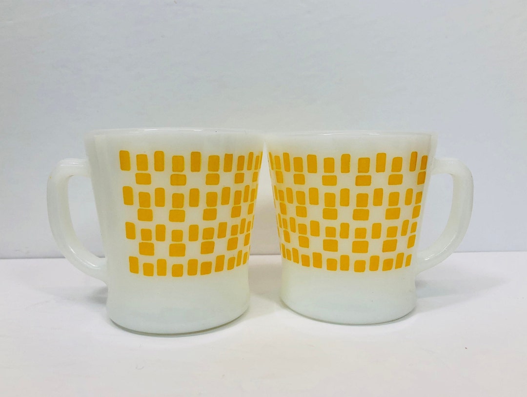 Pair of Fire King D Handled Mugs Yellow Blocks Geometric Pattern TWO ...