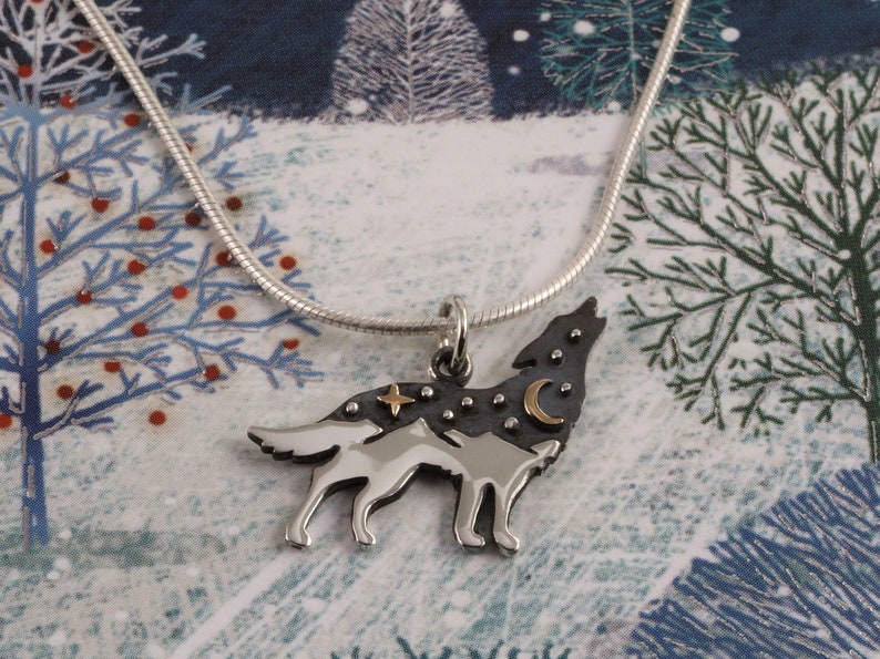 Collar de lobo de plata de ley, colgante de lobo con luna y estrellas ...