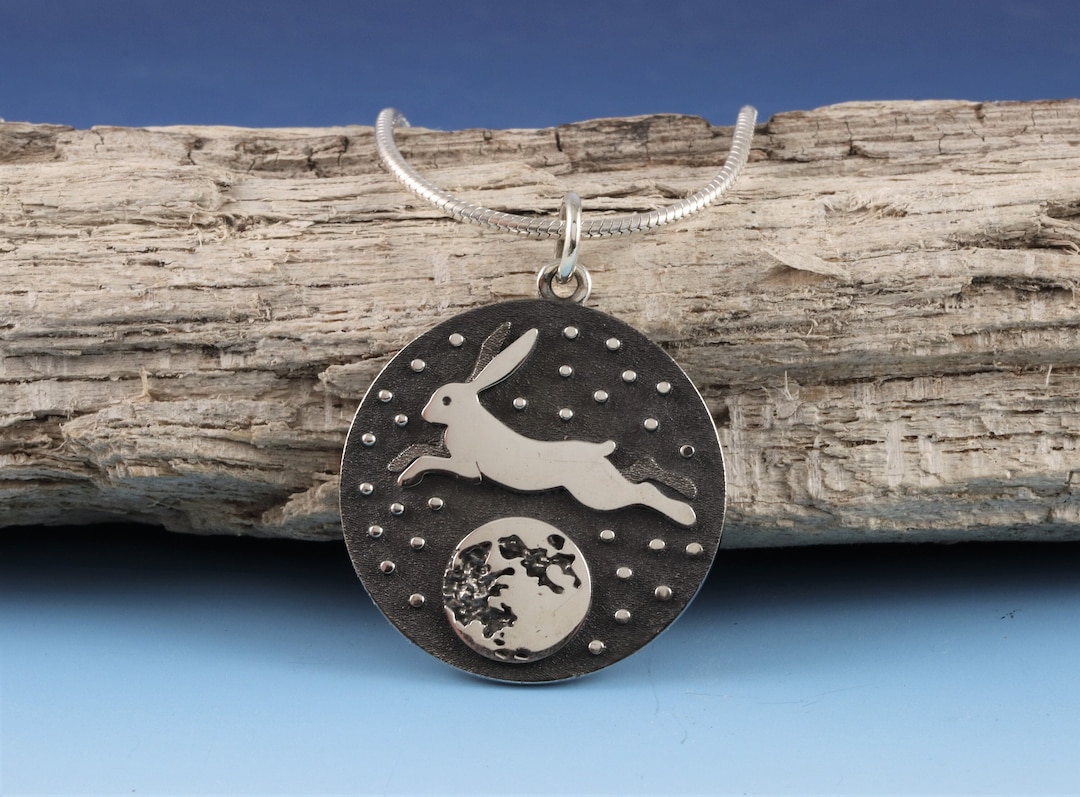 Sterling Silver Rabbit Necklace, Silver Rabbit Over Moon Pendant, Moon ...
