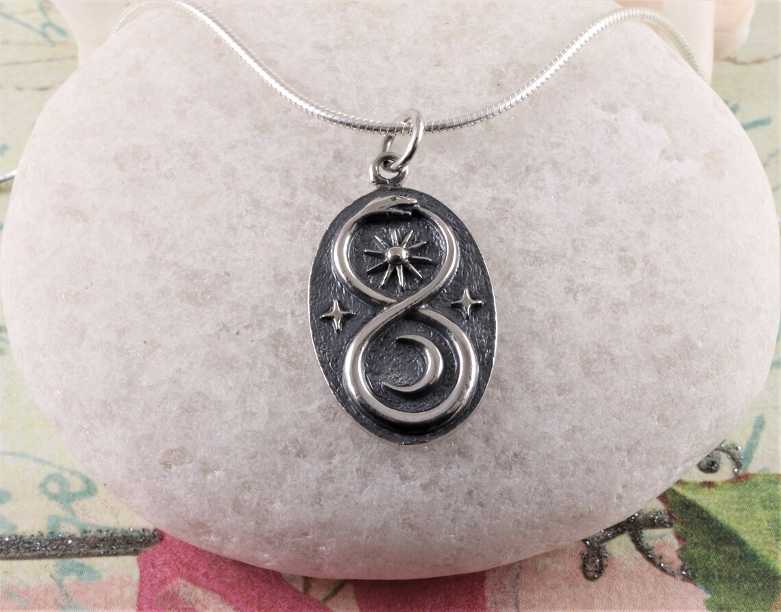 Sterling Silver Infinity Snake Necklace With Sun and Moon - Etsy