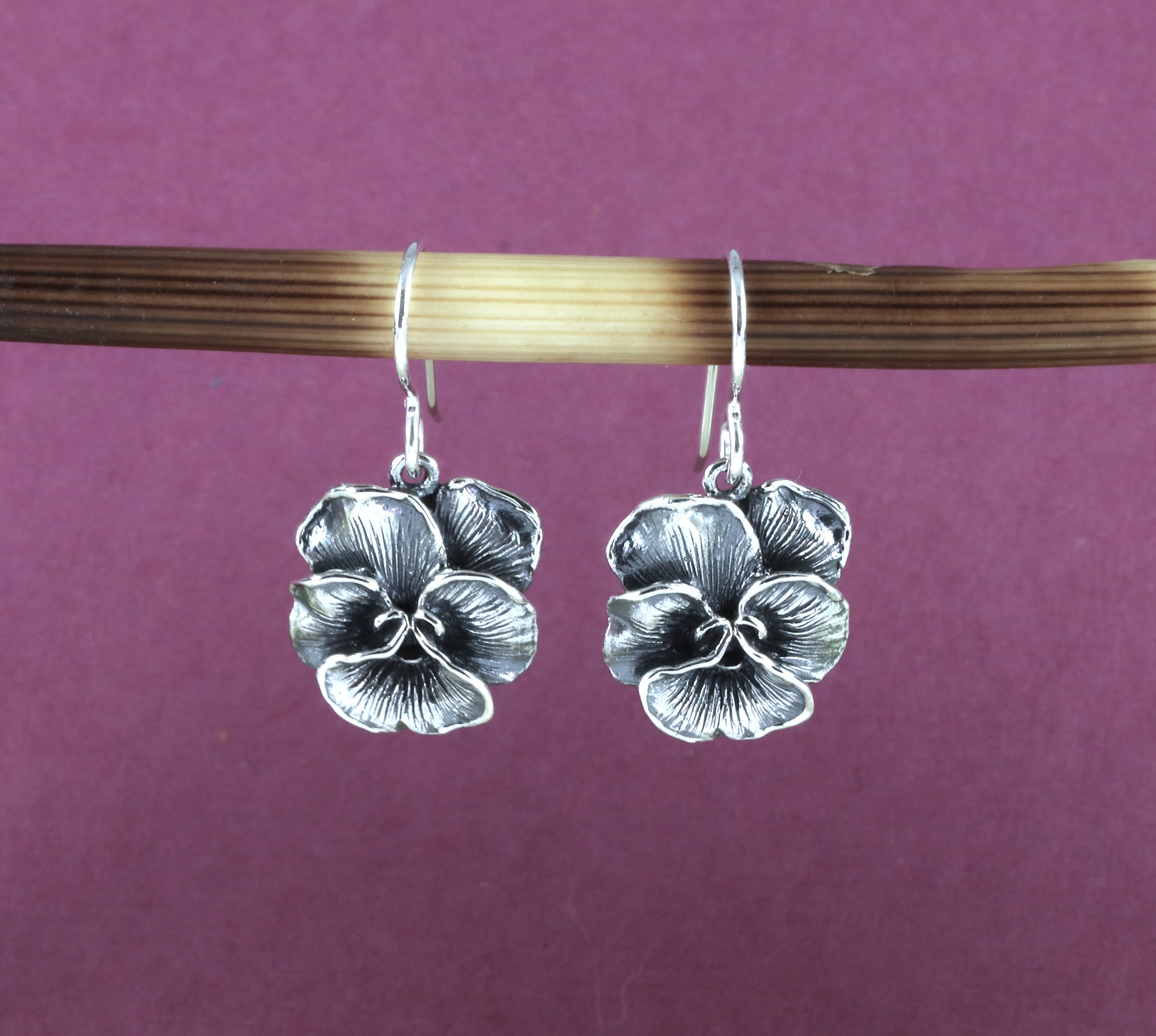 Sterling Silver Pansy Earrings, Sculptural Floral Jewelry - Etsy